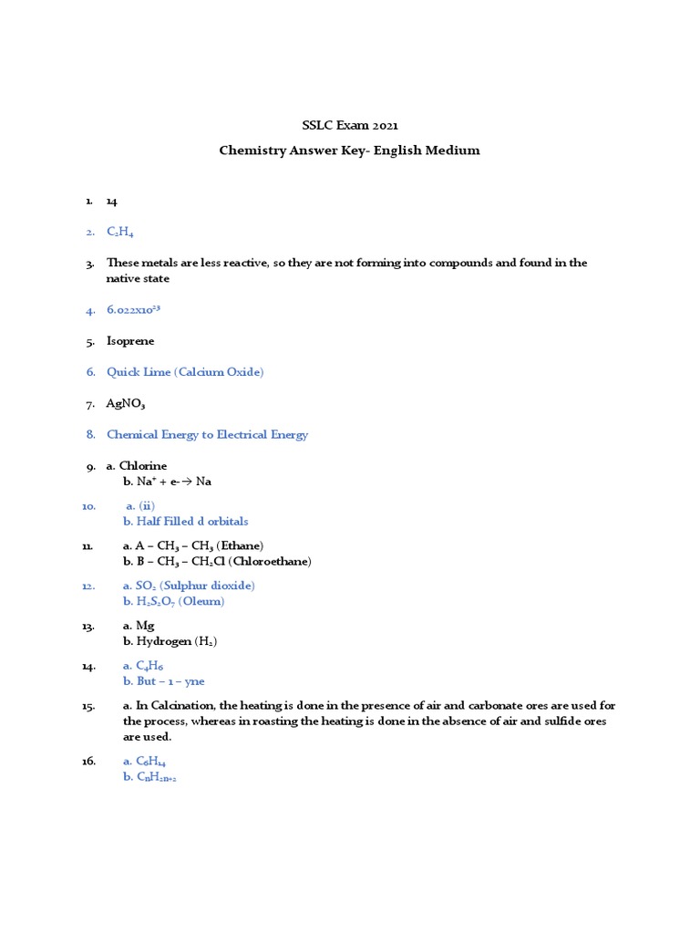 SSLC 2021 Chemistry Answer Key | PDF | Chemical Reactions | Oxide