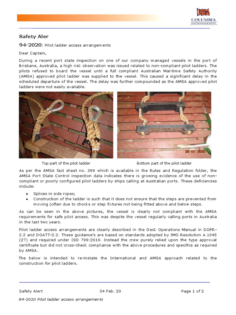 94 Safety Alert - Pilot Ladder Access Arrangements | PDF | Regulatory ...