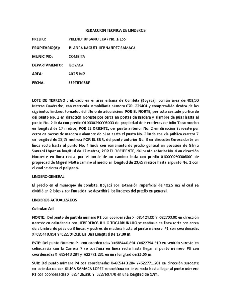 Descripción de Linderos en Combita | PDF