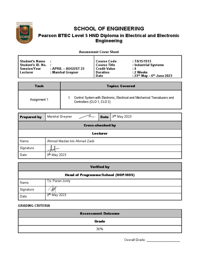 Assignment 1 Control System With Electronic, Electrical and Mechanical ...