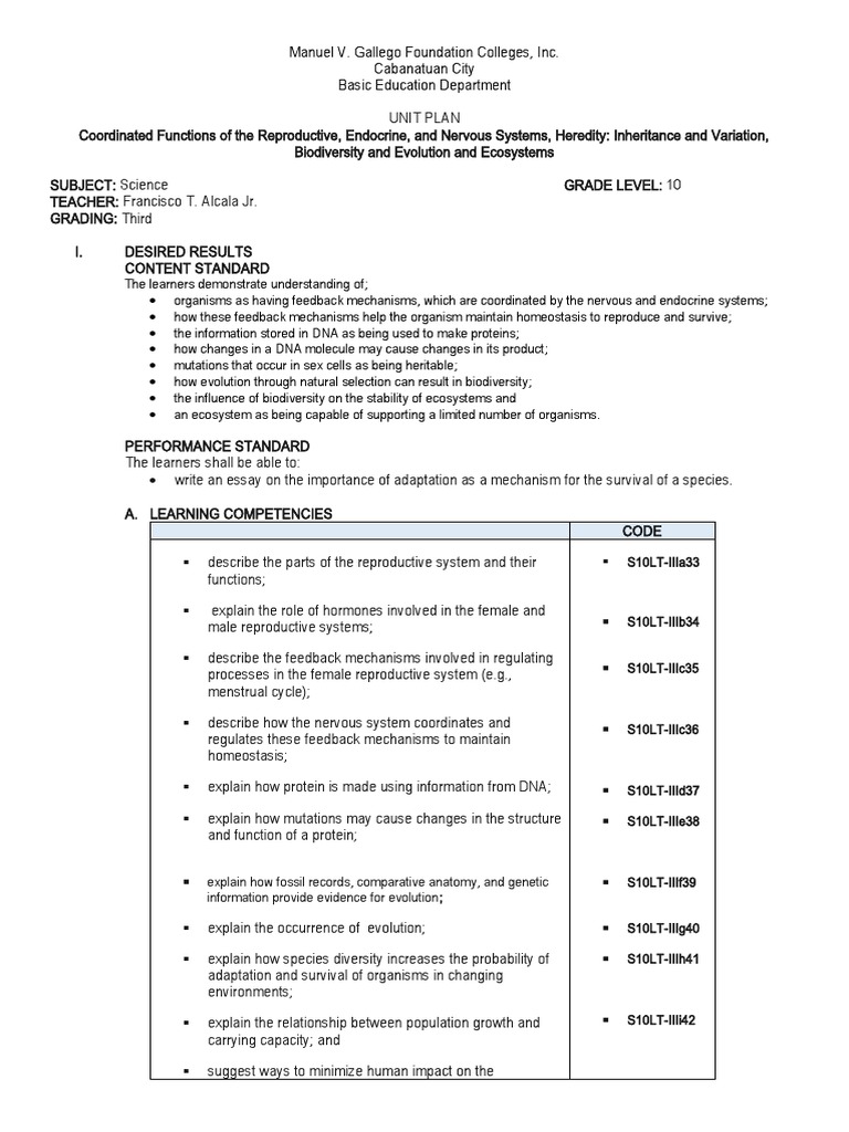 UNIT PLAN Science 10 3rd G | PDF | Evolution | Cell (Biology)