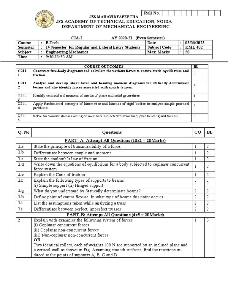 Cia 1 Paper 2022-23 | PDF | Bending | Force