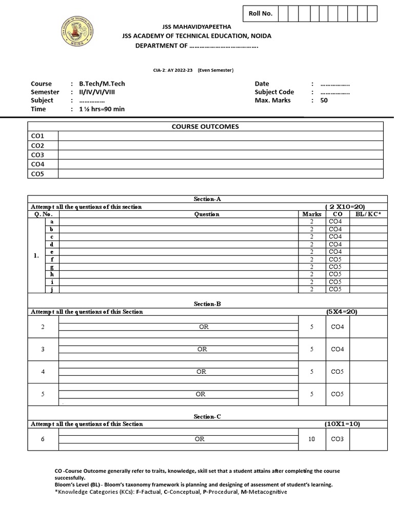 Sample Paper For CIA-2 Even Sem 3and 4th Year (2022-2023) FINAL | PDF ...