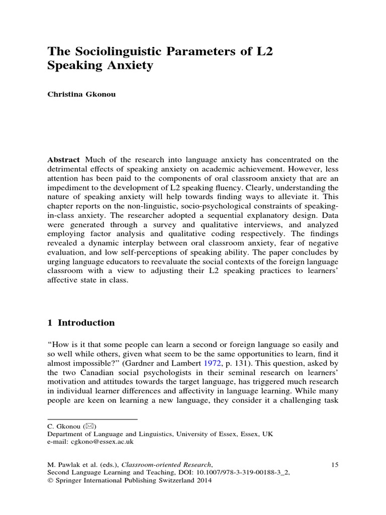 L2 Speaking Anxiety: Sociolinguistic Insights | PDF | English As A ...