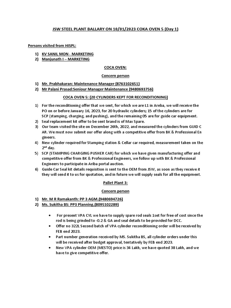 JSW Bellary Plant Visit Report As On 10.01.2023 | Download Free PDF | Mechanical Engineering ...