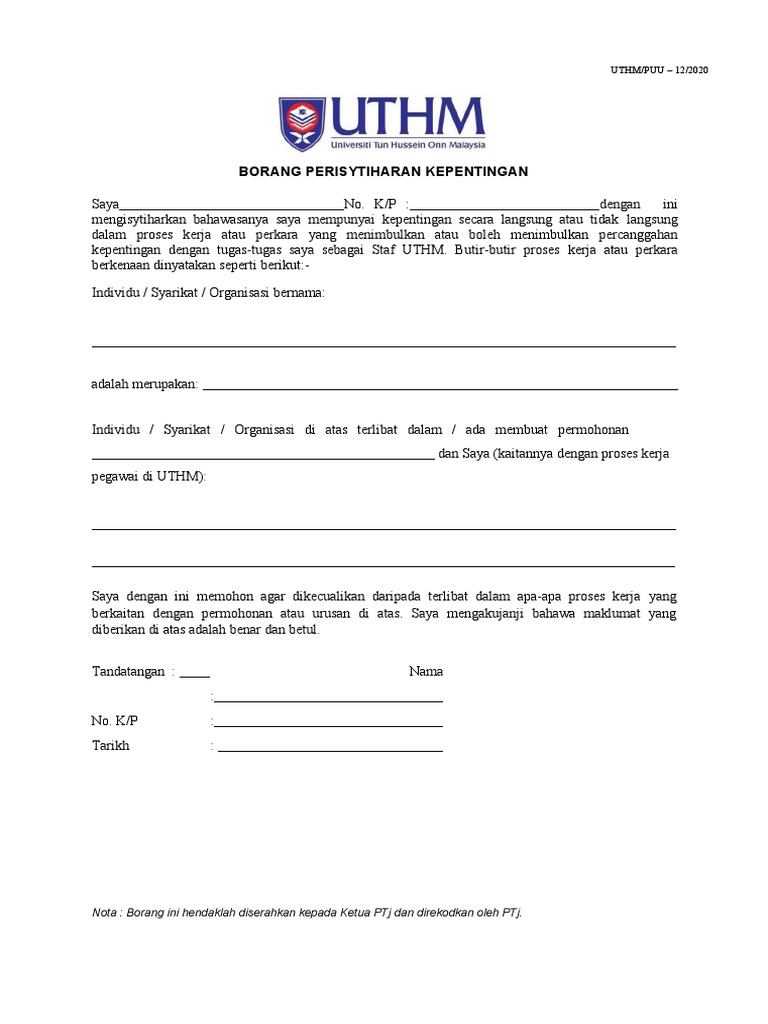 Borang Pengisytiharan Kepentingan UTHM | PDF