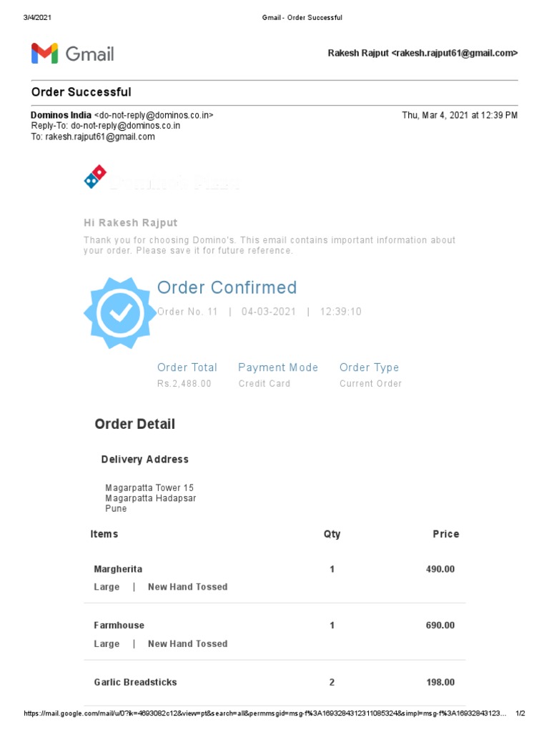Dominos - Order Successful | PDF | Service Industries | Payments