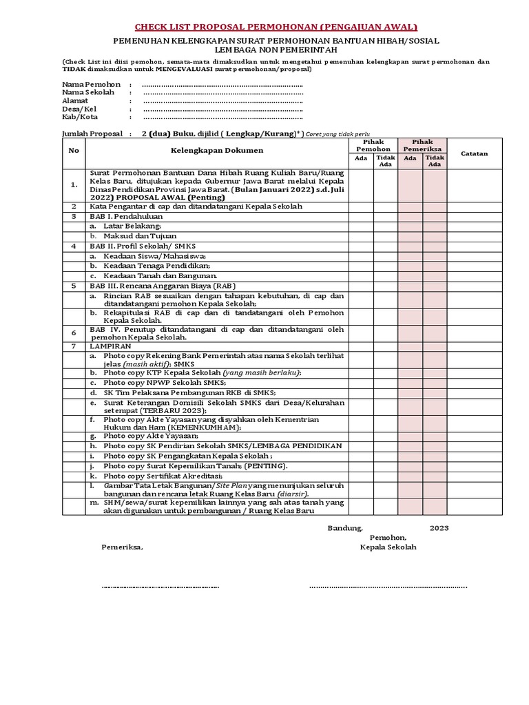 0 Cheklist Proposal Pencairan Hibah SMK | PDF