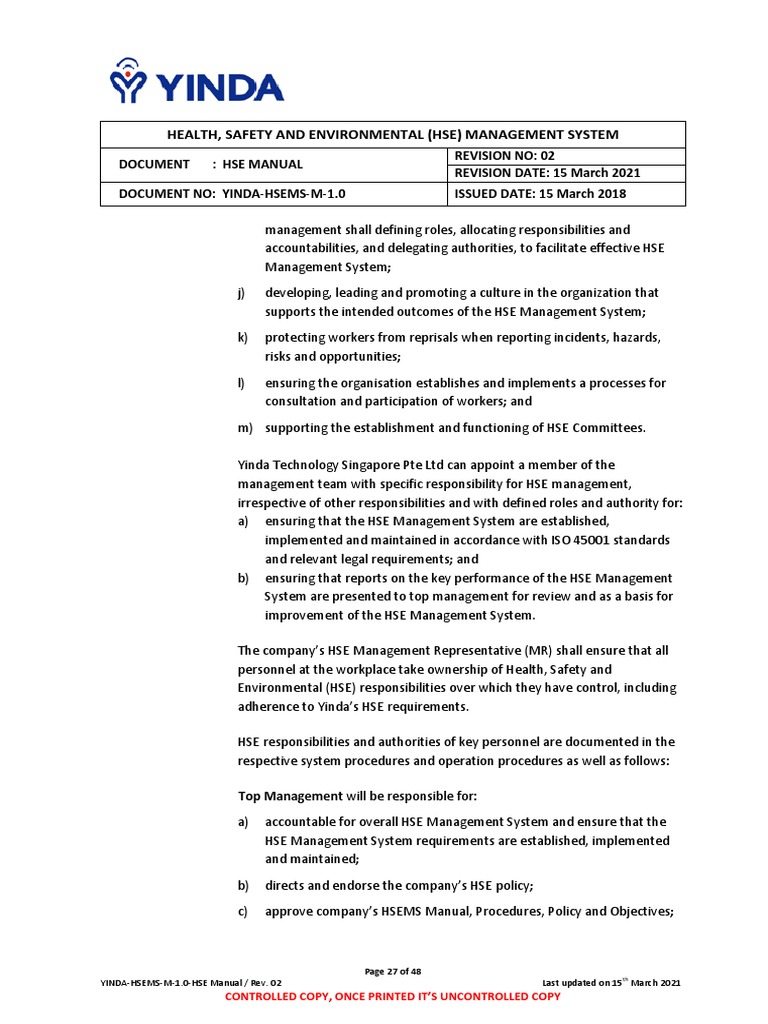 Roles and Responsibility From HSE Manual | PDF | Risk | Occupational ...