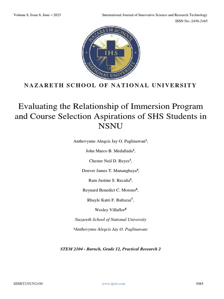 Evaluating The Relationship of Immersion Program and Course Selection Aspirations of SHS ...