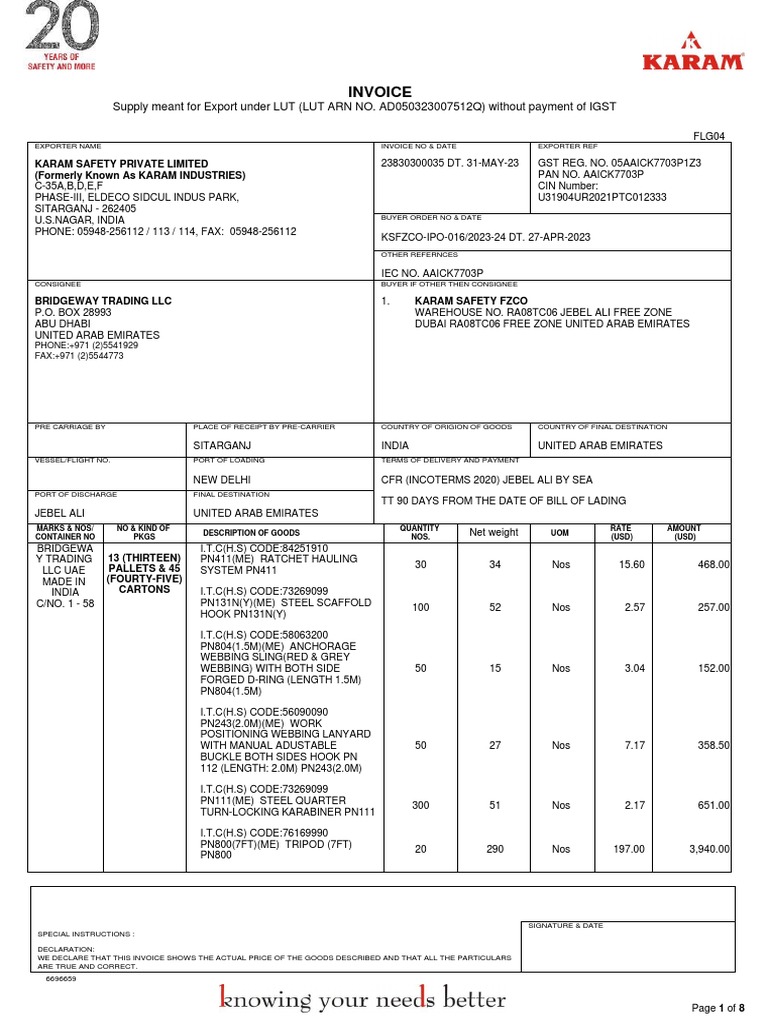 Invoice: Supply Meant For Export Under LUT (LUT ARN NO. AD050323007512Q ...