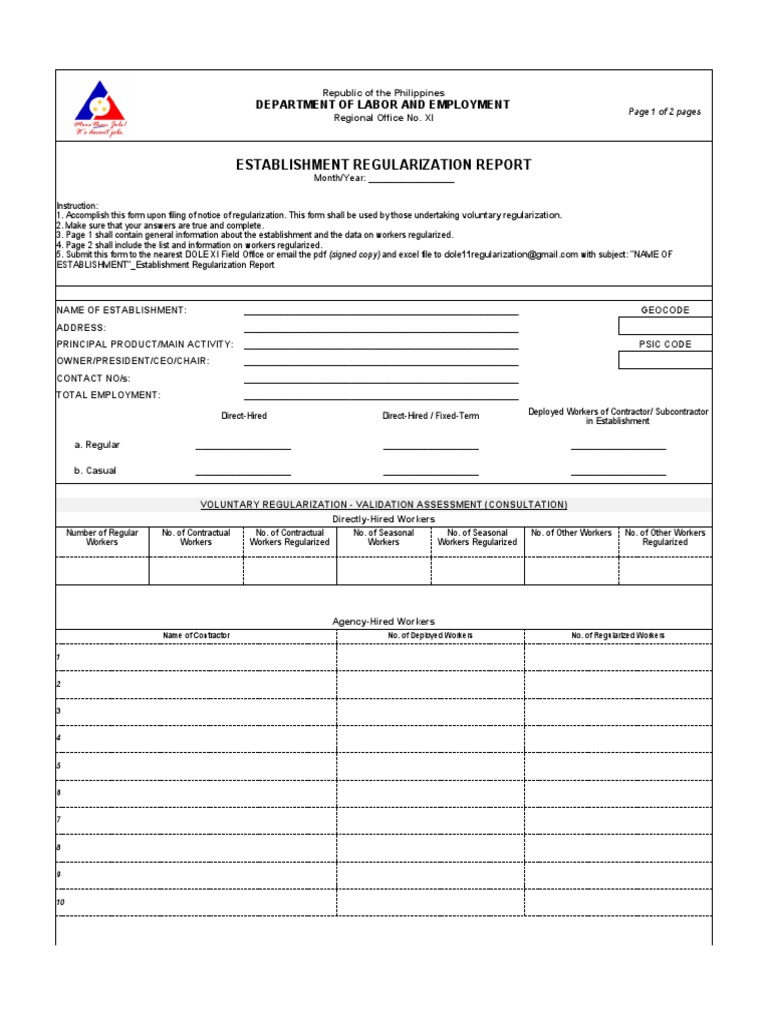 Establishment Regularization Report Form (Voluntary) | PDF | Employment ...