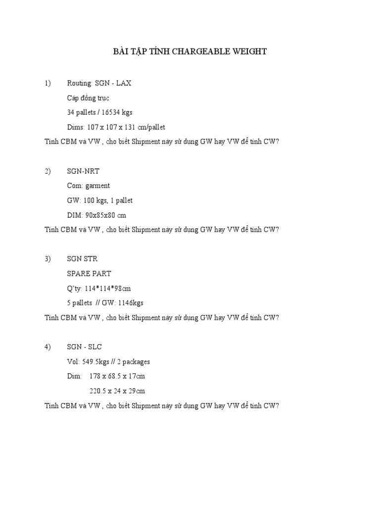 BÀI TẬP TÍNH CHARGEABLE WEIGHT | PDF