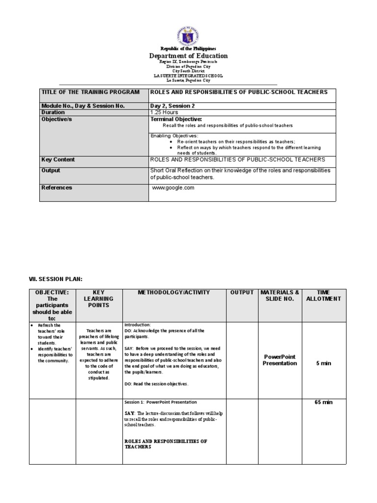 Session Guide For Roles and Responsibilities of Teachers | PDF ...