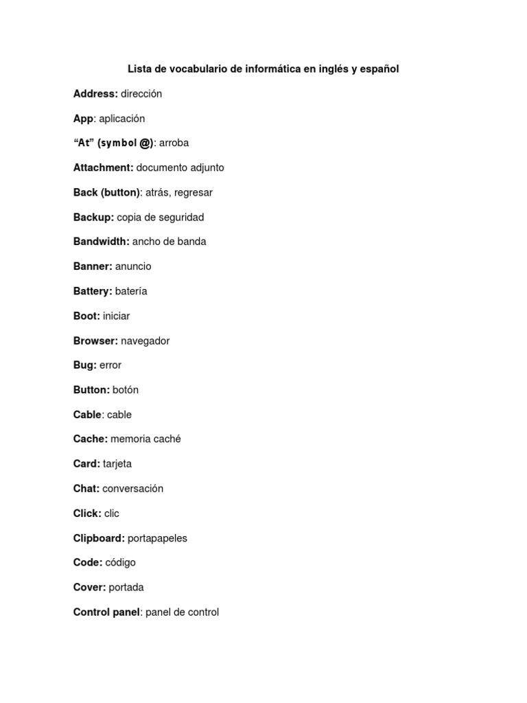 Lista de Vocabulario de Informática en Inglés y Español | PDF ...