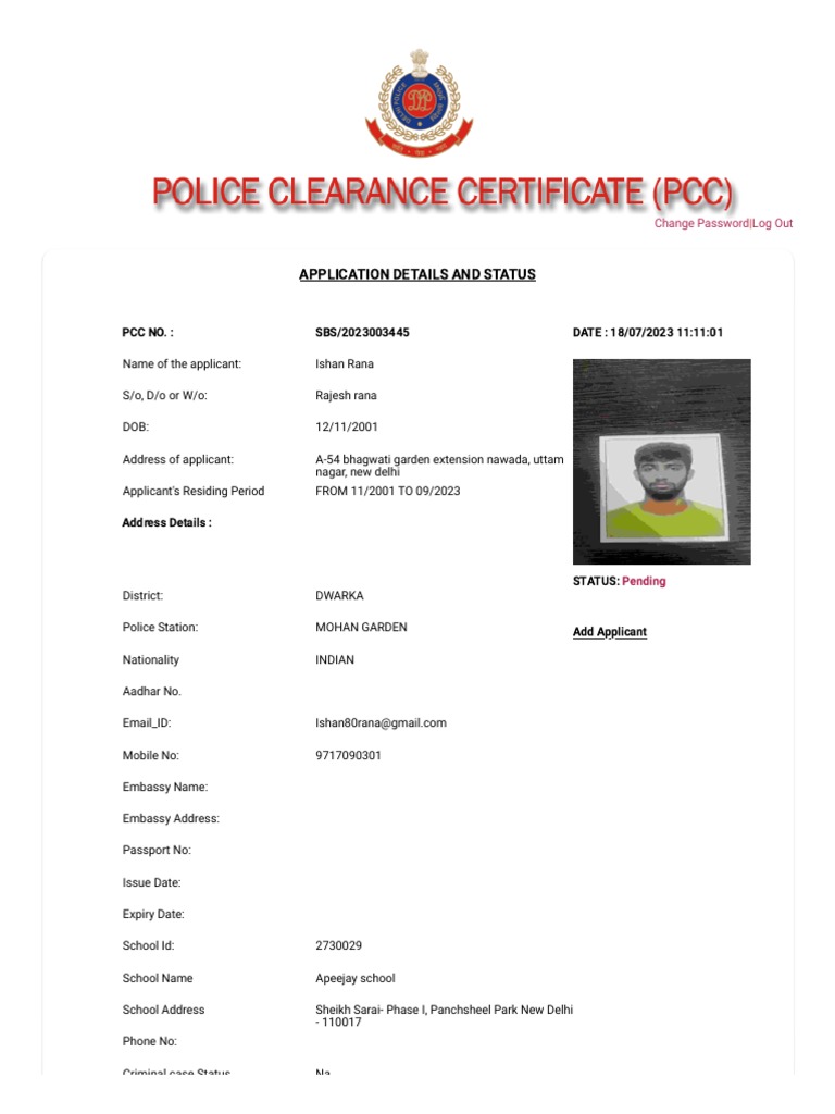 PCC - Delhipolice.gov - in PCC For School ViewStatus - Aspx | PDF