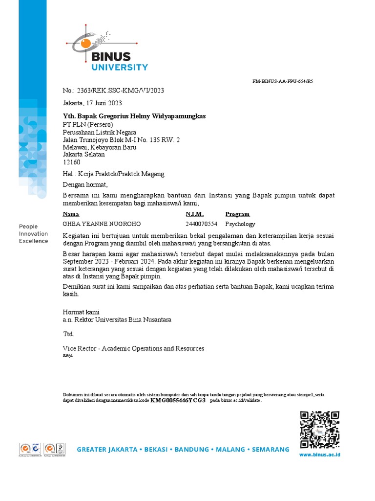 Surat Pengantar Dari Binus | PDF