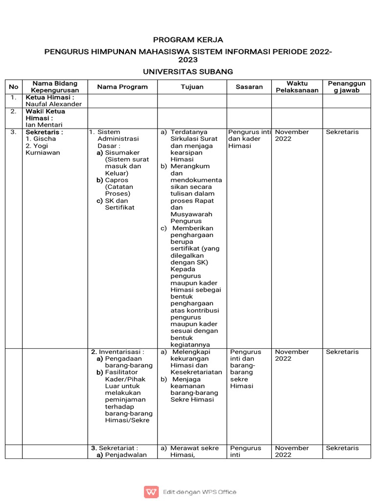 Program Kerja Himasi 2022-2023 | PDF