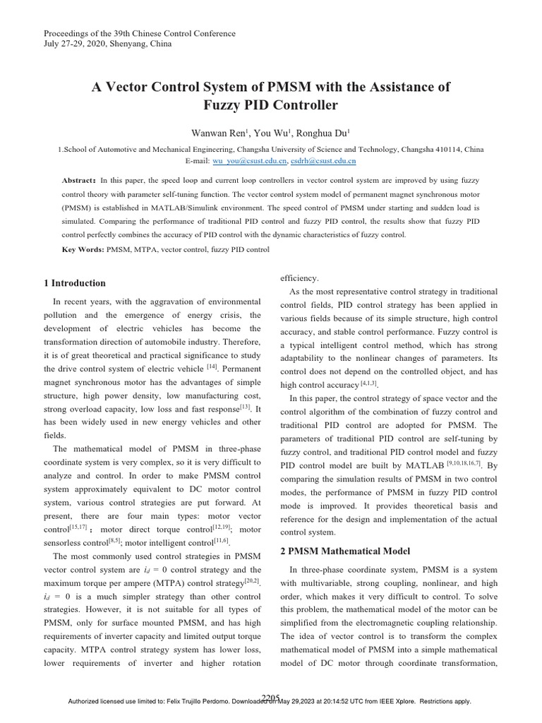 A Vector Control System Of Pmsm With The Assistance Of Fuzzy Pid