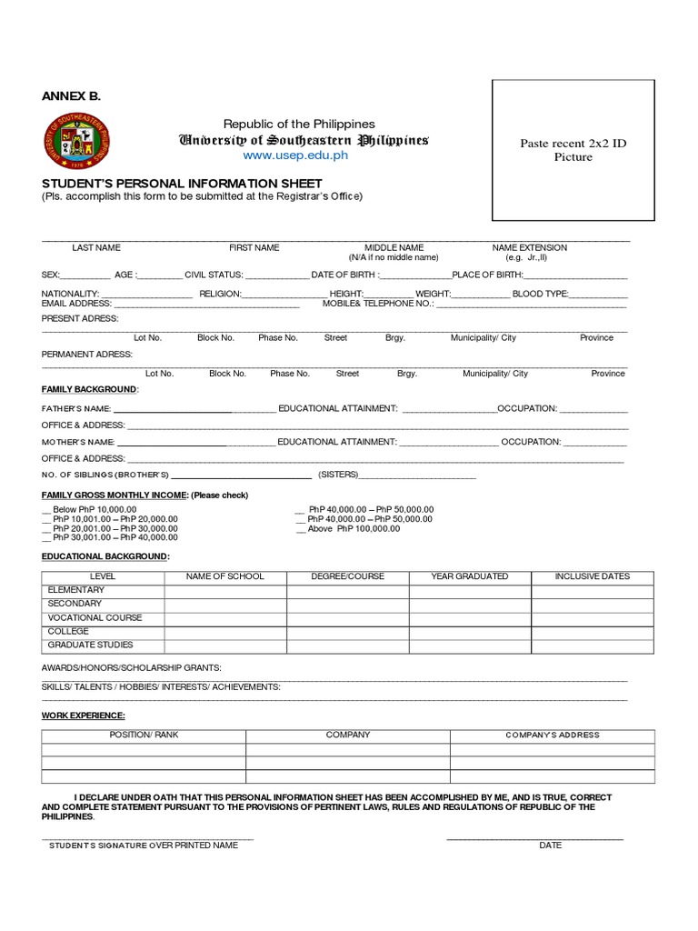 ANNEX B - Student Information Sheet USEP | PDF