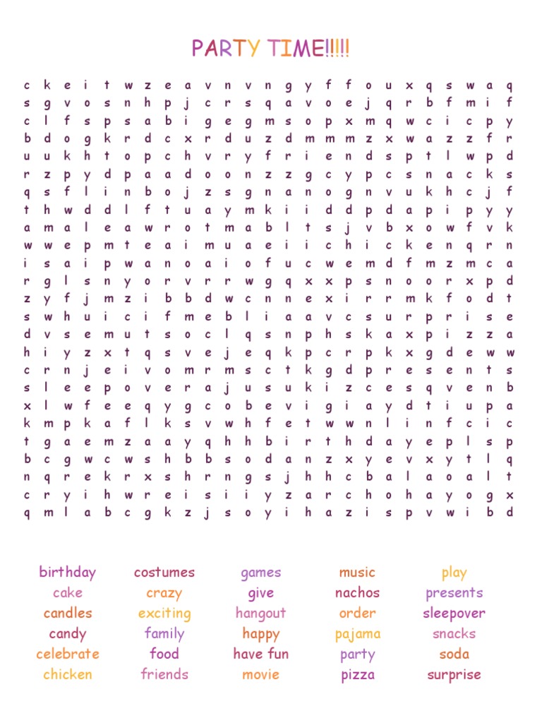 Themed - Wordsearch - Party Time (Hard) | PDF