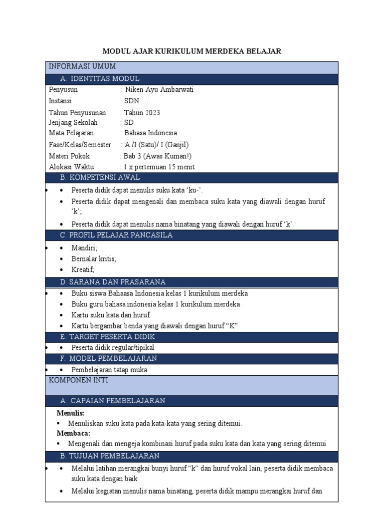 MODUL AJAR KURIKULUM MERDEKA BELAJAR Bindo Kelas 1 | PDF