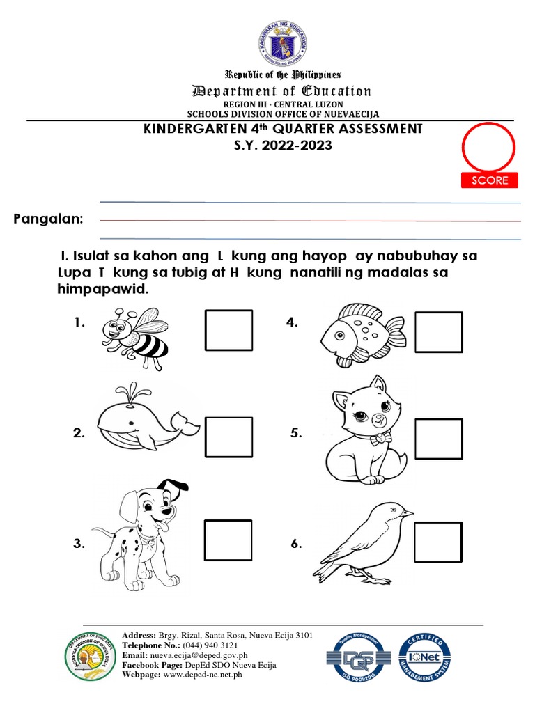 Kindergarten 4th Quarter Assessment 2023 | PDF