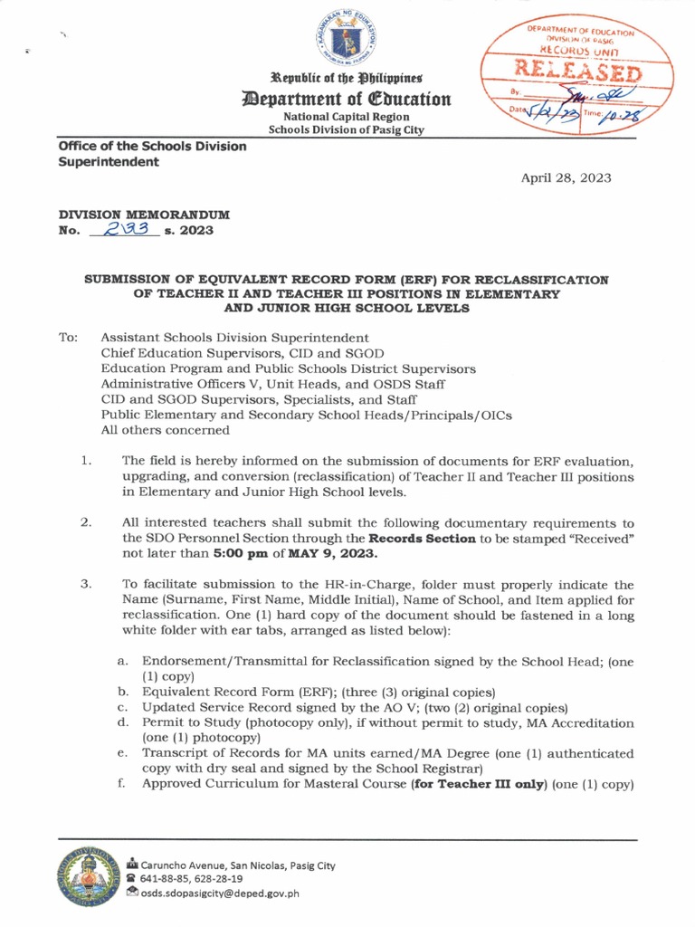 DM No.233 S.2023 Submission of Equivalent Record Form Erf For ...