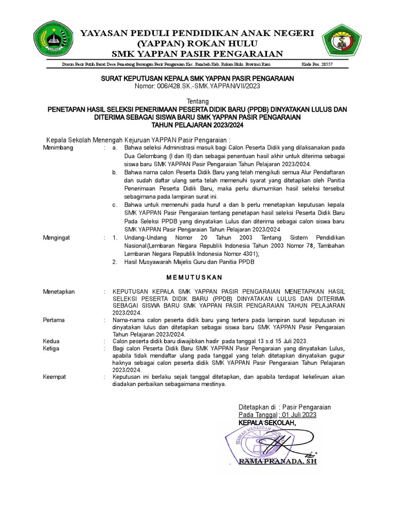 PENGUMUMAN PPDB TP 2023-2024 | PDF