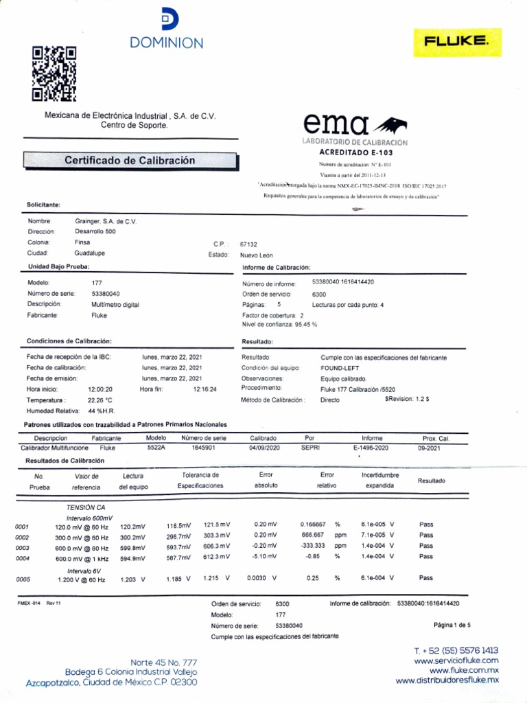 Certificado de Calibracion Multimetro Inmesi | PDF | Calibración | Science