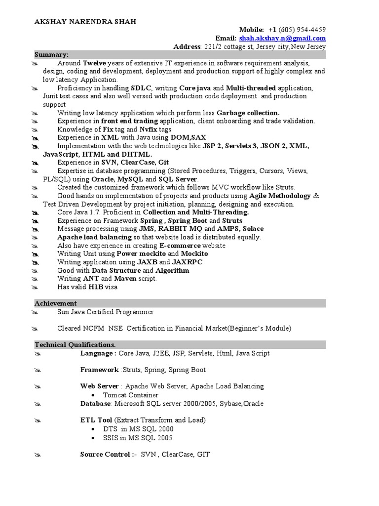 Usa Resume Akshay Shah Pdf Spring Framework Java Programming Language 
