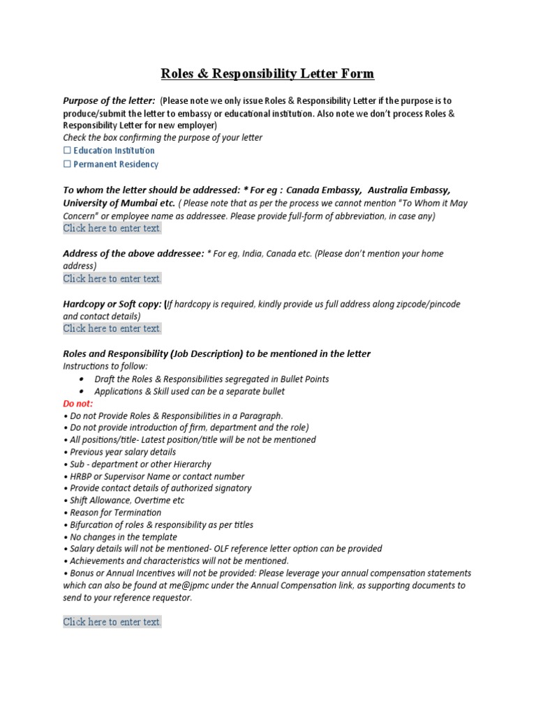 Roles Responsibility Letter Form | PDF | Salary | Employment