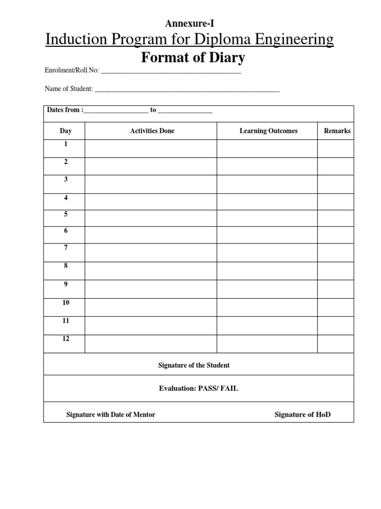 Diploma Engineering Induction Diary Format | PDF