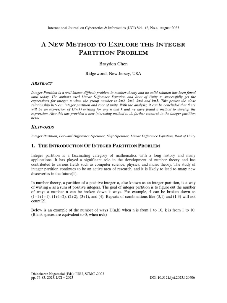 A New Method To Explore The Integer Partition Problem | PDF | Equations | Recurrence Relation