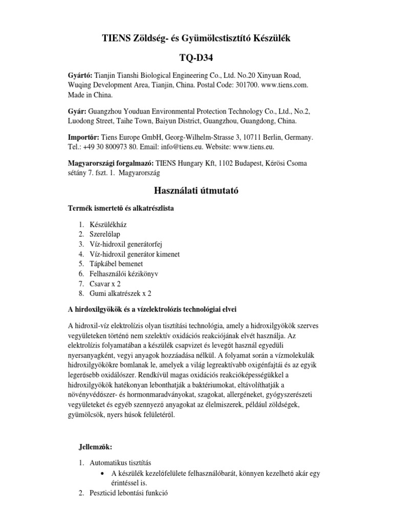 DQ011 - TIENS Zoldseg Es Gyumolcstisztito Keszulek TQ D34 Hasznalati Utmutato - HU | PDF