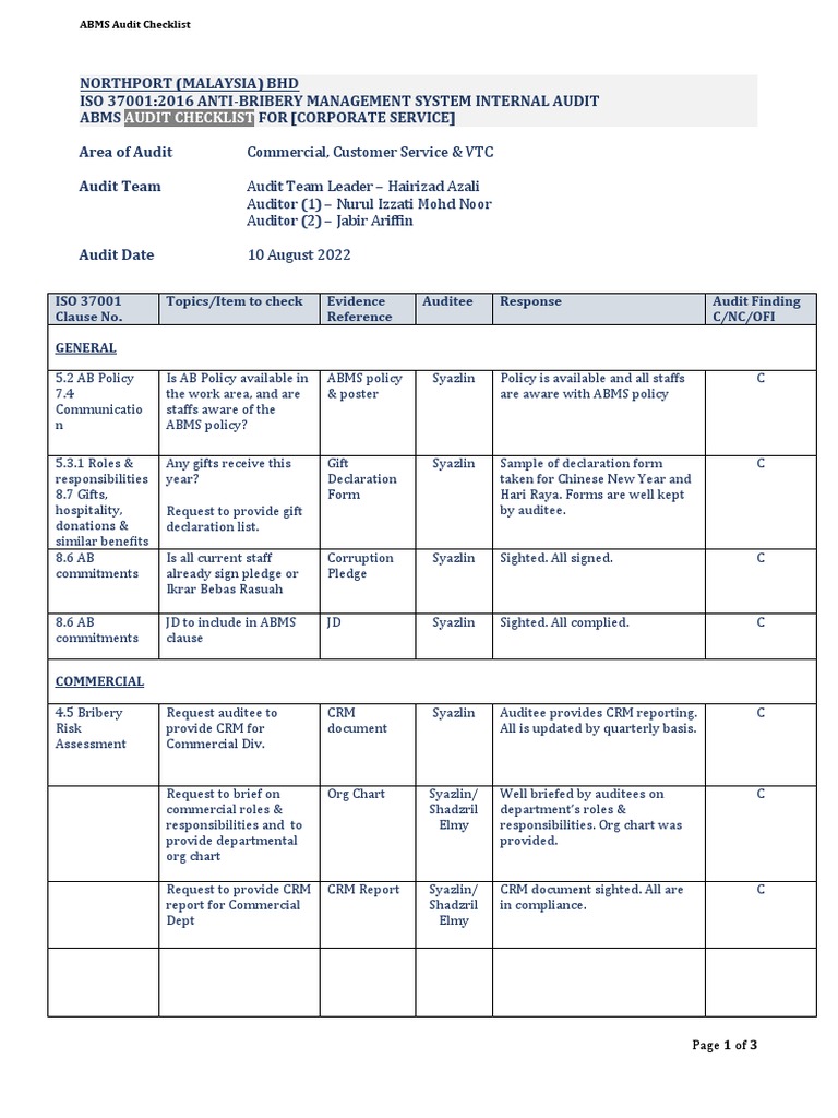 4.0 ABMS Audit Checklist Commercial | PDF | Audit | Business