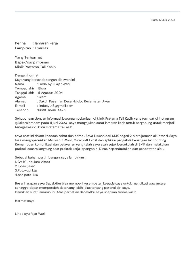 Lamaran Kerja - Linda Ayu Fajar Wati | PDF