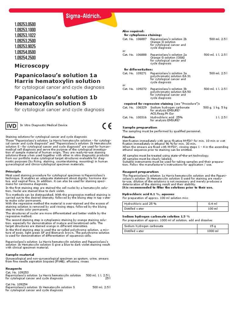 Papanicolaou's Solution 1a Harris' Hematoxylin Solution 109253 | PDF ...