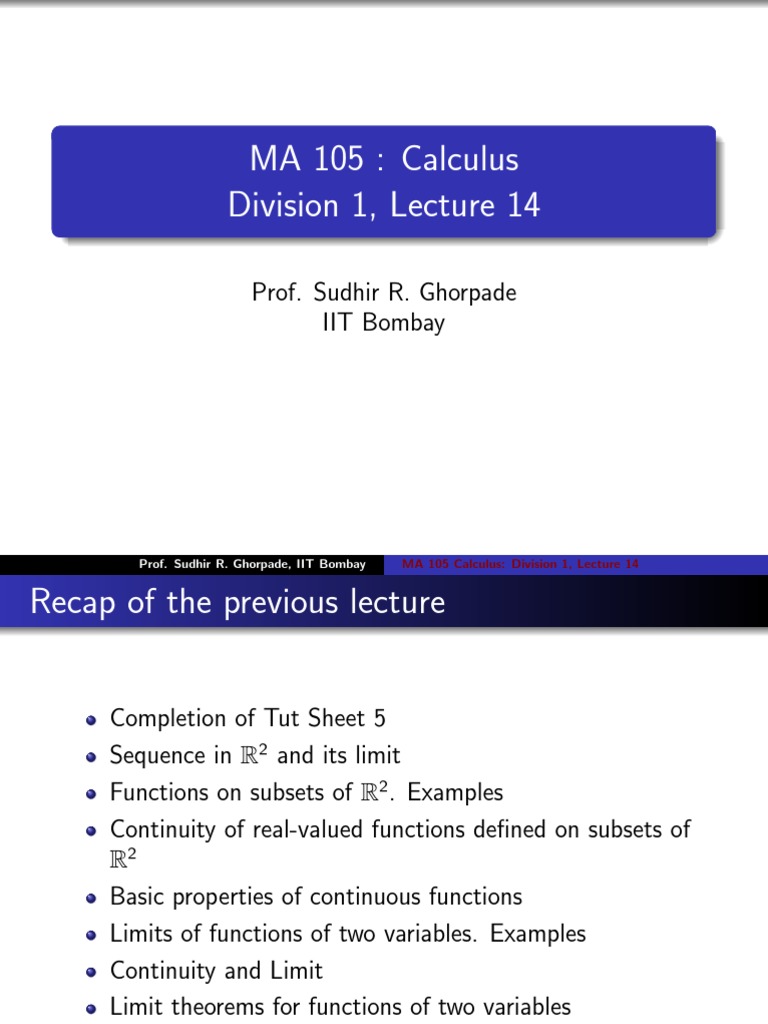 MA 105: Calculus Division 1, Lecture 14: Prof. Sudhir R. Ghorpade IIT Bombay | PDF | Derivative ...
