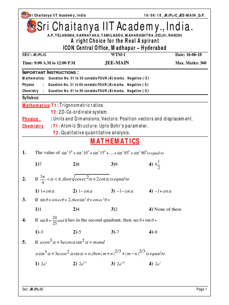 Sri Chaitanya IIT Academy., India.: Mathematics | PDF