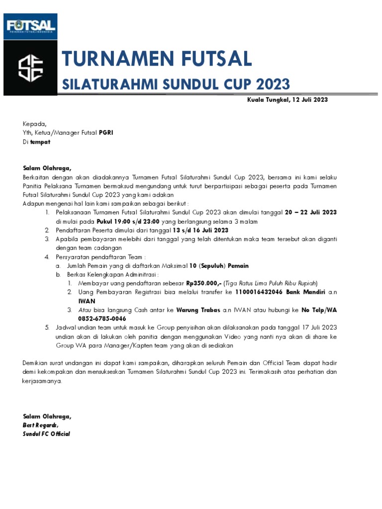 Surat Undangan Turnamen Silaturahmi Sundul Cup 2023 PGRI | PDF