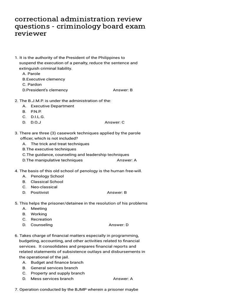Correctional Administration Review Questions - Criminology Board Exam Reviewer | PDF | Prison ...