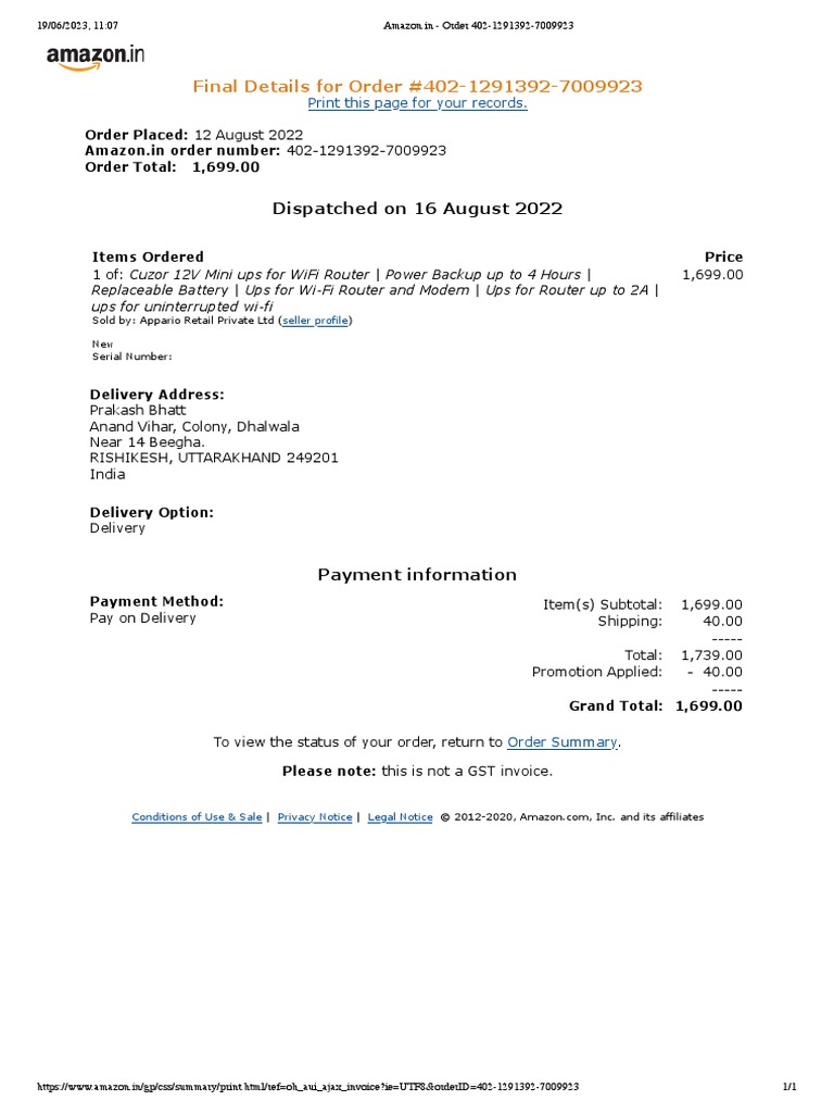 Amazon Order Summary for Cuzor UPS | PDF | Economies | Service Industries