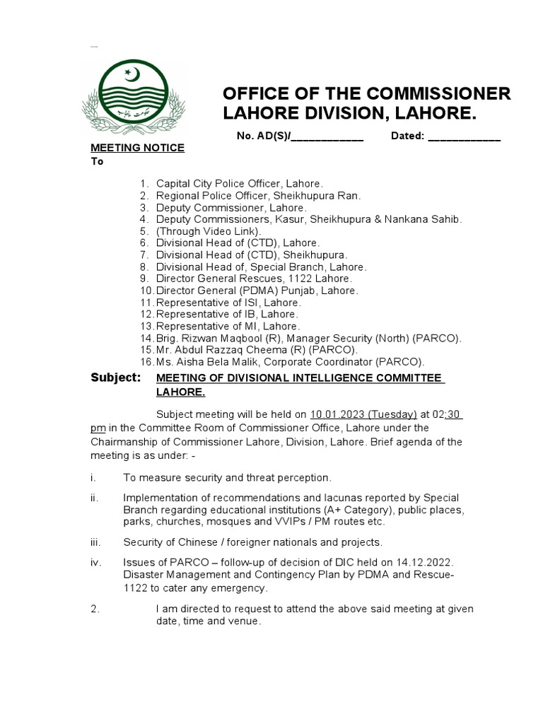 Office of The Commissioner Lahore Division, Lahore.: No. AD (S ...