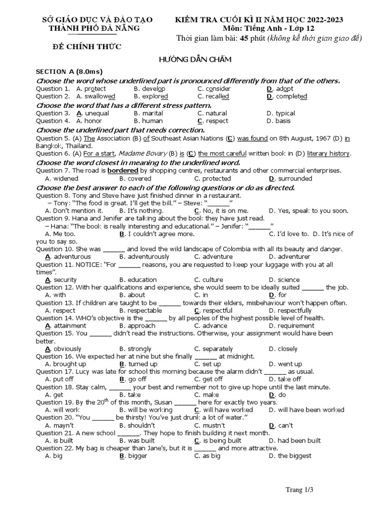 Tieng Anh HK Ii Lop 12 2022 2023 1 | PDF