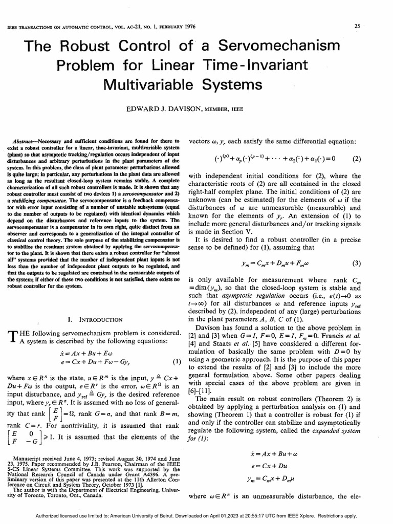 The Robust Control of A Servomechanism Problem For Linear Time-Invariant Multivariable Systems ...
