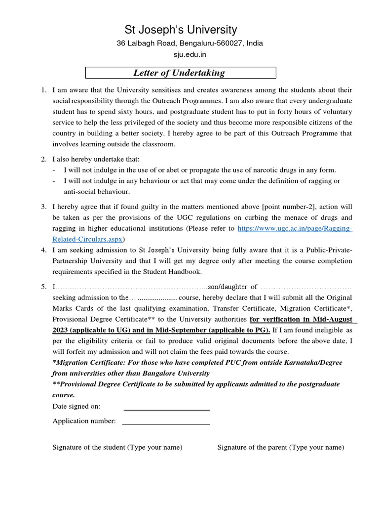 SJU Letter of Undertaking for Admission | PDF | Postgraduate Education ...