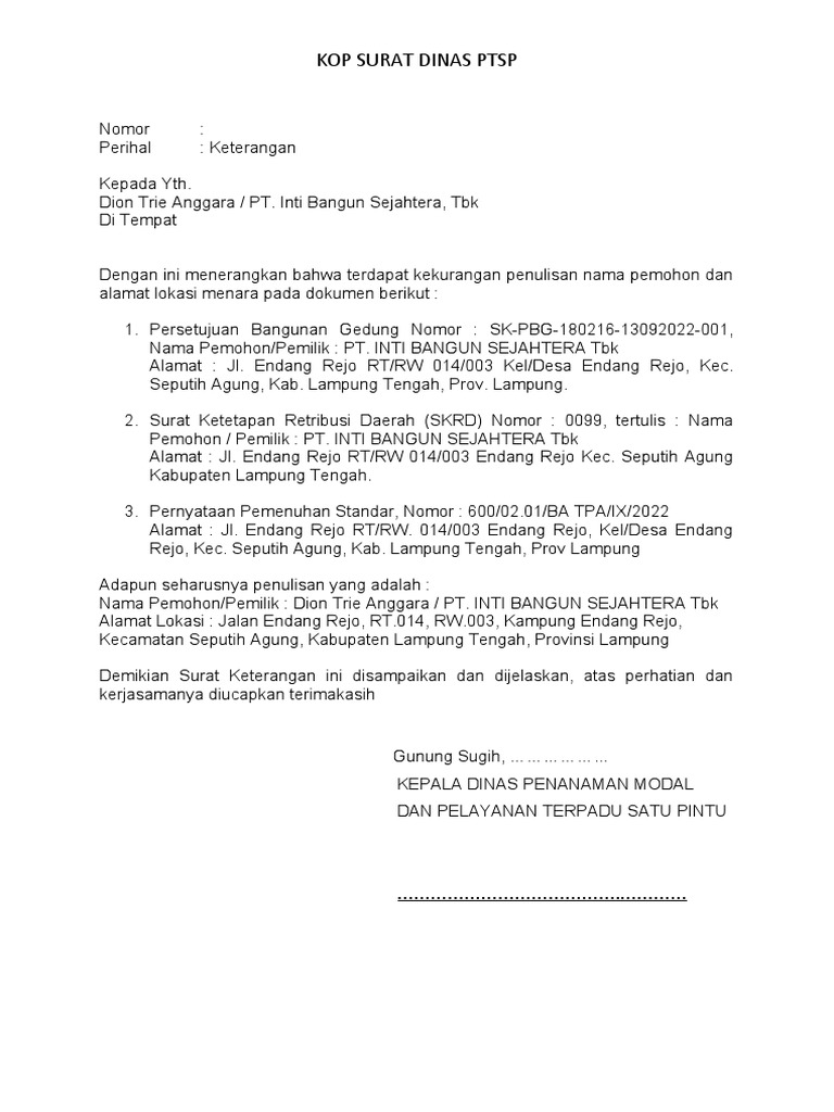 Draft Suket Kekurangan Nama Pemohon Di SPBG Dan SKRD Site Endang Rejo-1 ...