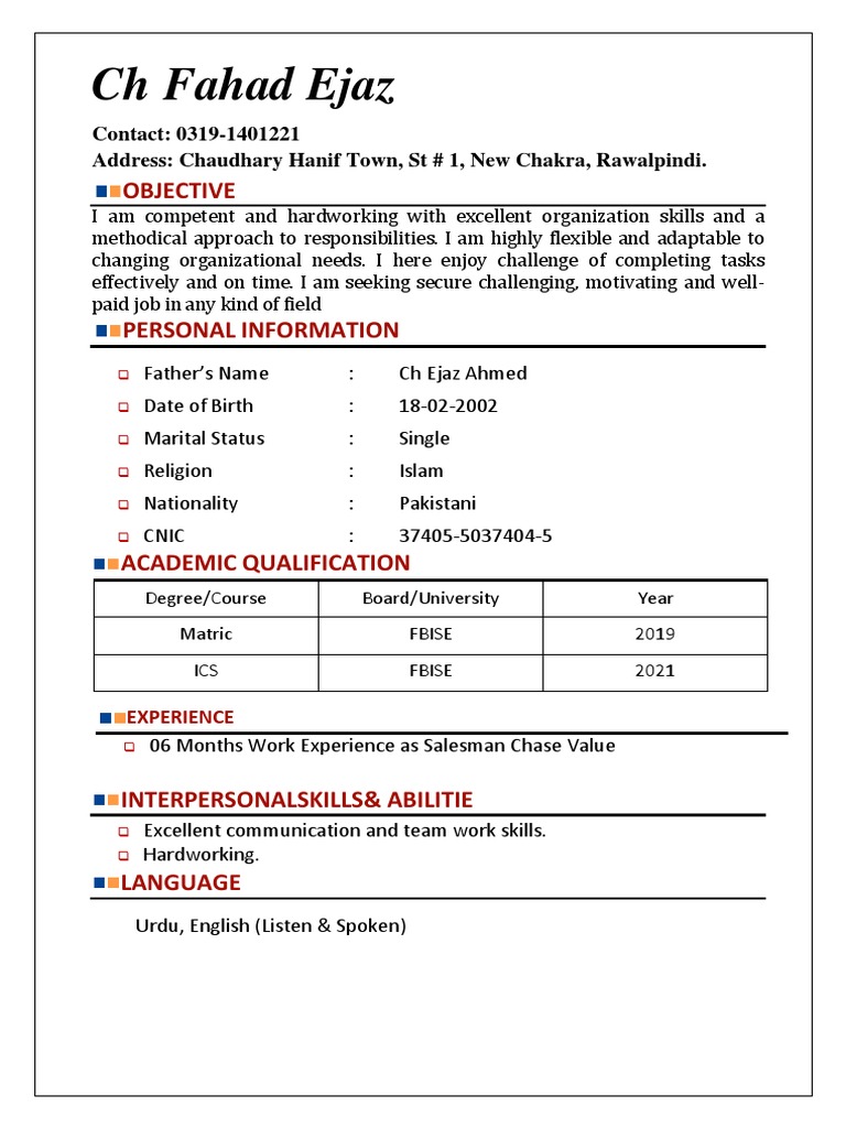 CH Fahad Ejaz CV | PDF