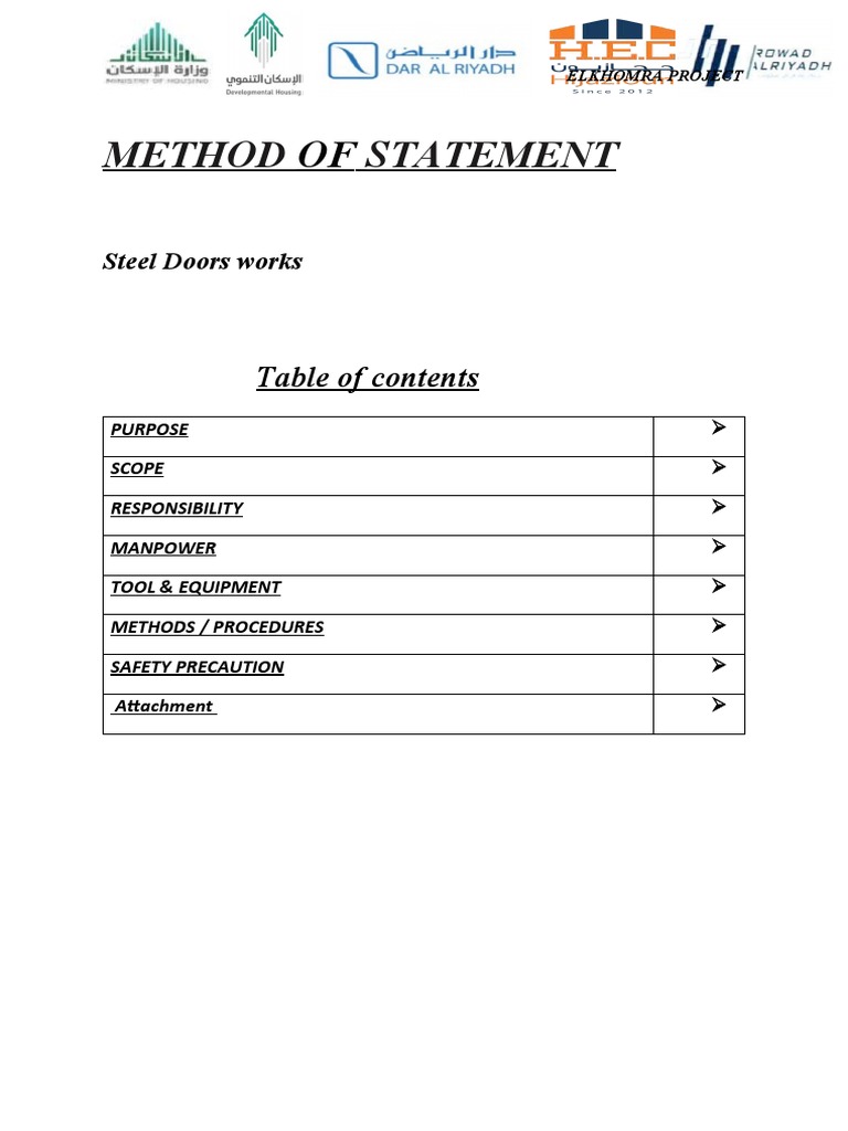 METHOD OF STATEMENT - ALKHOMRA PROJECT - Steel Door | PDF | Quality ...